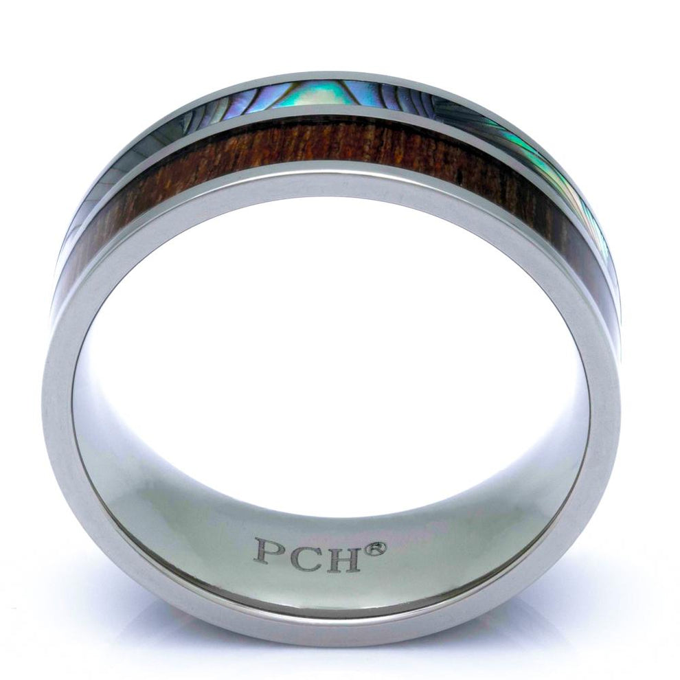Titanium Koa Wood Ring With Abalone Shell Inlay, 8mm Comfort fit Weddi ...