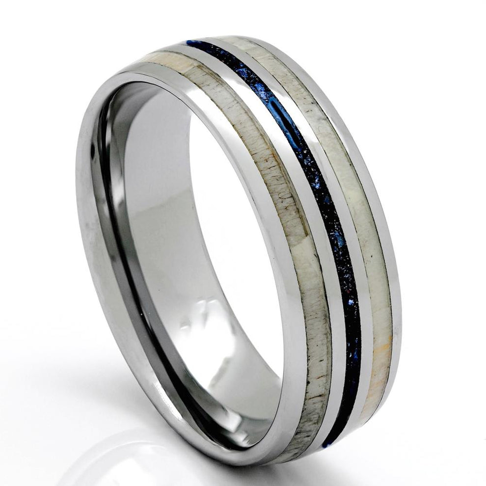Tungsten Antler Ring With Blue Lapis Inlay, 8mm Comfort Fit Wedding Ba ...